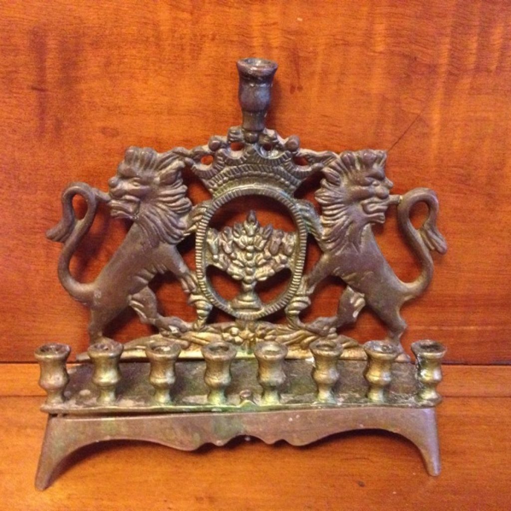 19th Century European Brass Menorah Judaica Lion Motif Jewish