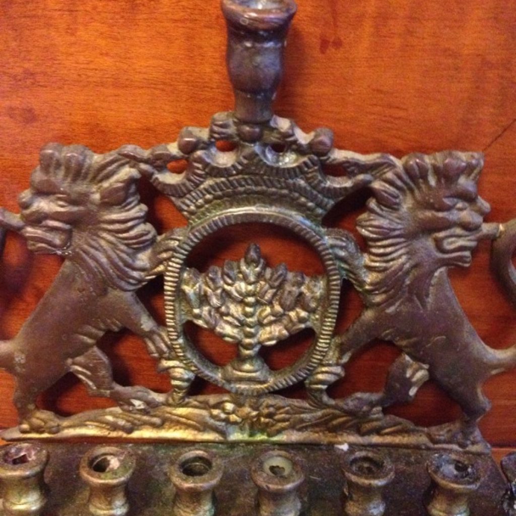 19th Century European Brass Menorah Judaica Lion Motif Jewish